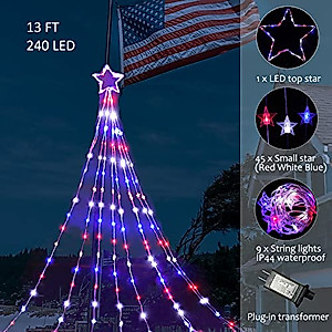 FunNite 4th of July Outdoor Star String Lights, 13ft 240 LED Red White and Blue Curtain Lights Patriotic Fairy Lights Waterproof for Independence Day Tree Yard Garden Wall Party Holiday Decor