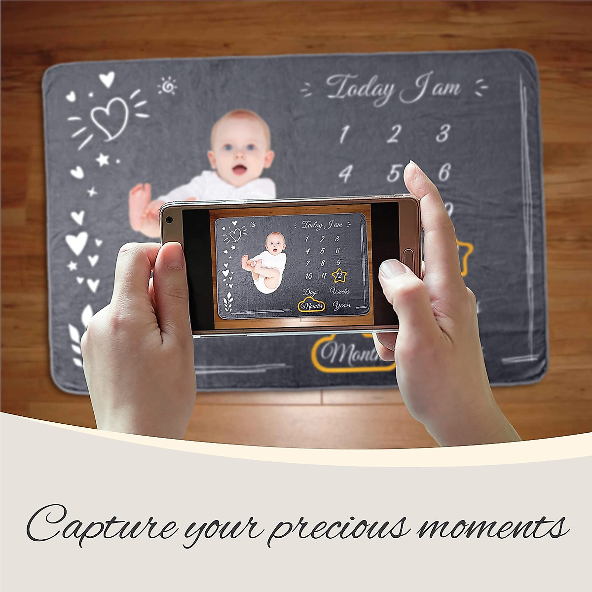 ONE4ONE Safety Grey Baby Monthly Milestone Blanket Boy, Girl.Extra Large Baby Milestone Blanket Baby Gifts, Nursery Decor Baby Shower. Newborn Baby Month Blanket. Baby Growth Chart Blanket