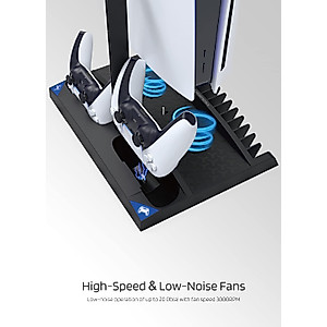 Storage Stand for PS5 Console/Digital Edition, Game Organizer with Cooling Fan, Controller Charger Station, 15 Game Case Holder, 3 USB Ports and 1 Media Remote Storage - Black