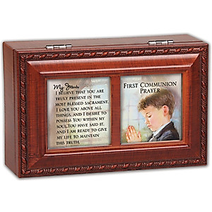 Cottage Garden First Communion Jesus Believe You Woodgrain Rope Trim Jewelry Music Box Plays Hallelujah