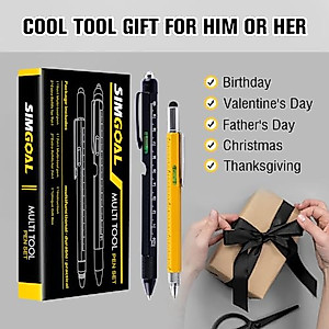SIMGOAL 2 Piece Multi-tool Pen set,Unique Gifts for Dad-4"Ruler, Level, LED Light, Ballpoint pen, Flat/Phillips Screwdriver, Bottle Opener and Touchscreen Stylus.