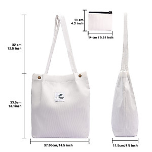 Diesisa Tote bag, 2-Pack Canvas Tote bag for women + Purse, Reusable Corduroy Tote Bag Shoulder Bag with inner zipper pocket for women girls Gift - White+Pink