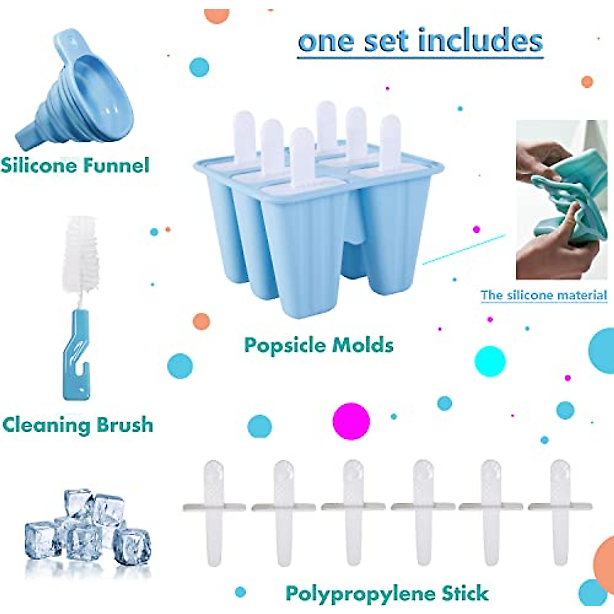 Silicone Popsicle Molds, 6 Pieces Ice Pop Molds, BPA Free Popsicle Mold Reusable Easy Release Ice Pop Maker, Popsicle Mould with Cleaning Brush and Silicone Funnel, Popsicle Molds Blue