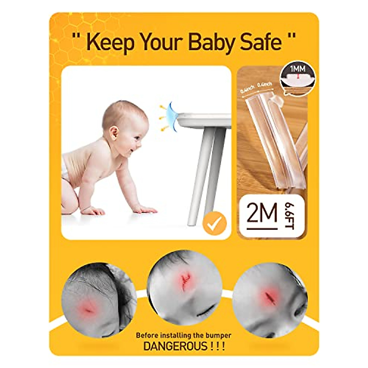 Baby Proofing, Edge Protector Strip Clear Corner Protectors Baby, Baby Proof Corners and Edges, 6.6ft(2M) Silicone Soft Corner Guards with 1MM Pre-Taped Strong Adhesive