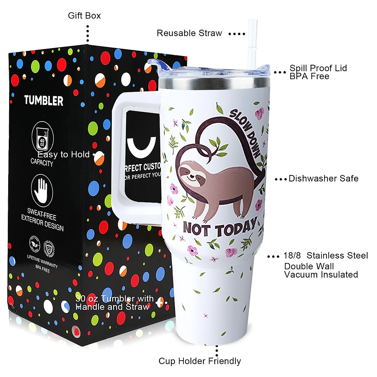 PERRIFIC Sloth Mug 30 oz Tumbler with Handle and Straw Lid Leak Proof - Sloth Coffee Travel Mug with Handle Insulated for Hot and Cold Drink Ice - Birthday Sloth Gifts for Women Stainless Steel Cup