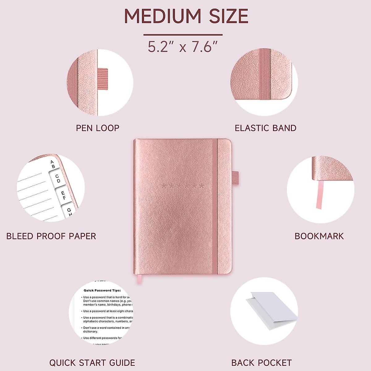Password Book with Alphabetical Tabs – Hardcover Internet Address & Password Organizer – Password Keeper Notebook for Computer & Website – 5.2 x 7.6" Log-in Password Journal w/Thick Paper (Rose Gold)