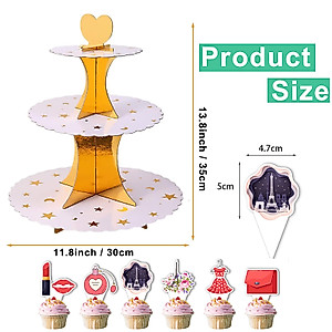 lengenyen 3-Tier Cupcake Stand, Tiered DIY Cupcake Tower Cardboard, Cake Dessert Holder for Birthday,Graduation,Wedding,Anniversary,Floral Tea Party Supplies(White and Gold)
