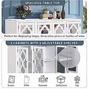 60'' Retro Mirrored Console Table Sideboard with 4 Cabinets and 3 Adjustable Shelves, Large Storage Cabinet Free Stand Kitchen Buffet Server Cabinet for Entryway/Living Room/Dining Room (White-59.8'')