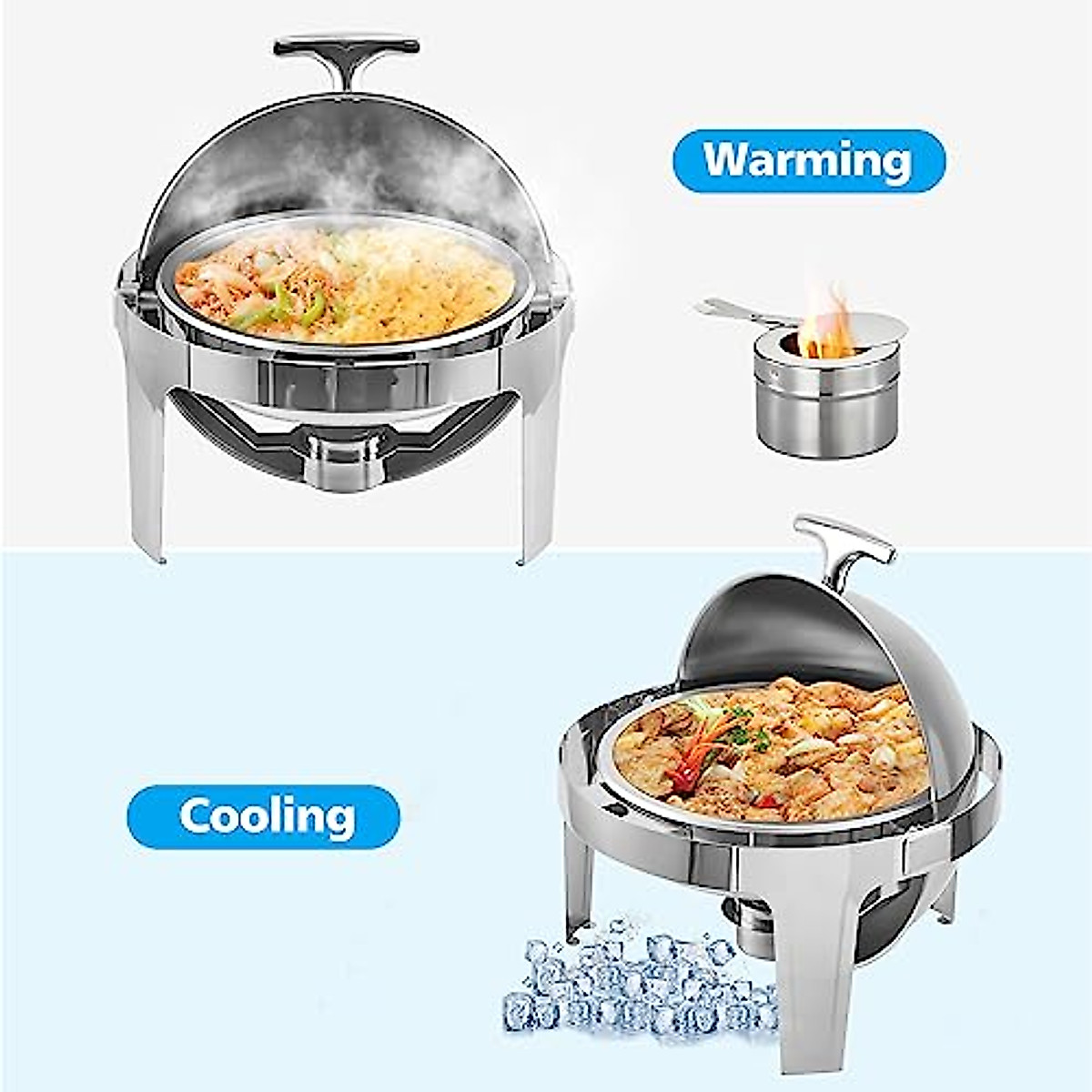 Roll Top Chafing Dish Buffet Set, 6.8 Quart Full Size Pan Chafer, Round Stainless Steel Set, for Wedding, Parties, Banquet, Catering Event, 1 Pack