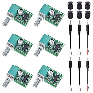 DAOKI 6PCS PAM8403 3W+3W Digital Power Amplifier Board DC 5V Dual Channel Stereo Power Amplifier Module with Volume Control Potentionmeter with 6PCS Knob Cap, 3PCS 3.5mm Audio Jack Cable