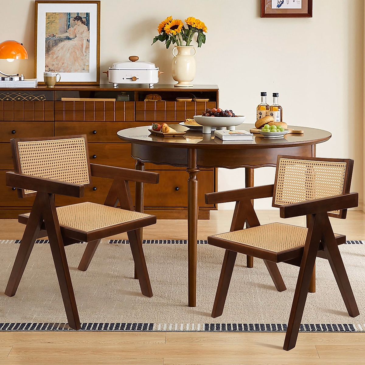 CLATINA Rattan Reading Chair for Bedroom Comfy Indoor Kitchen Dining Chair with Rattan Backrest Armrest Morden Upholstered Seat Wood Chair for Home Living Room Farmhouse Restaurant(1PK)