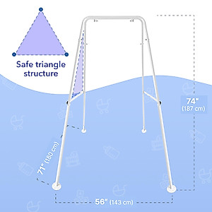 CaTeam - Canvas Kids Swing with Stand, Wooden Hanging Swing Seat Chair with Safety Belt, Durable Toddler Swing Chair, Outdoor and Indoor Swing for Kids, Blue Gray