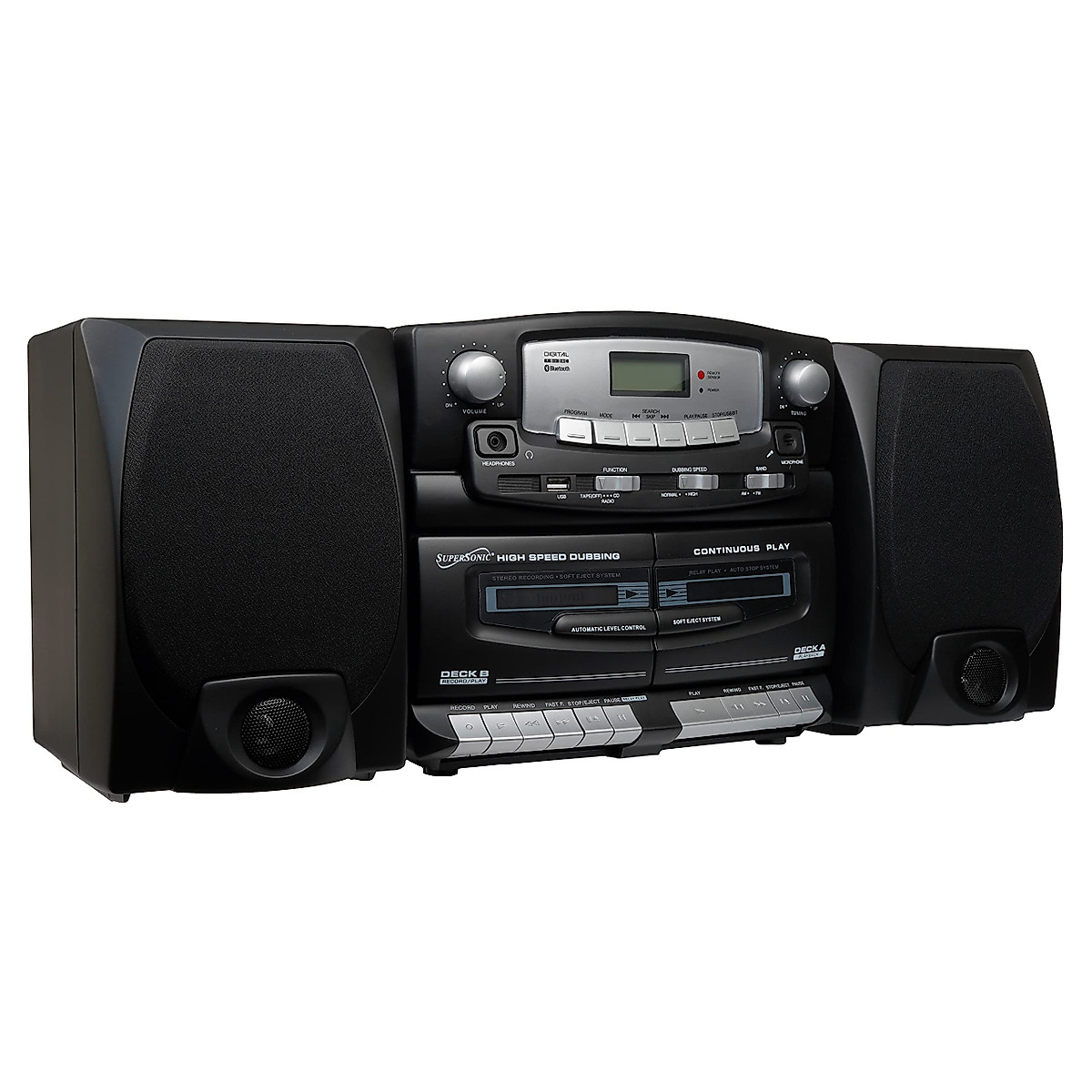 Supersonic Black Edition Vintage Bluetooth Stereo System Home Music Audio System,CD/MP3 Player,AM/FM Radio,Dual Cassette Player/Rec USB inputs,Detachable Speakers,AC/DC,(Remote Included)Matte Black