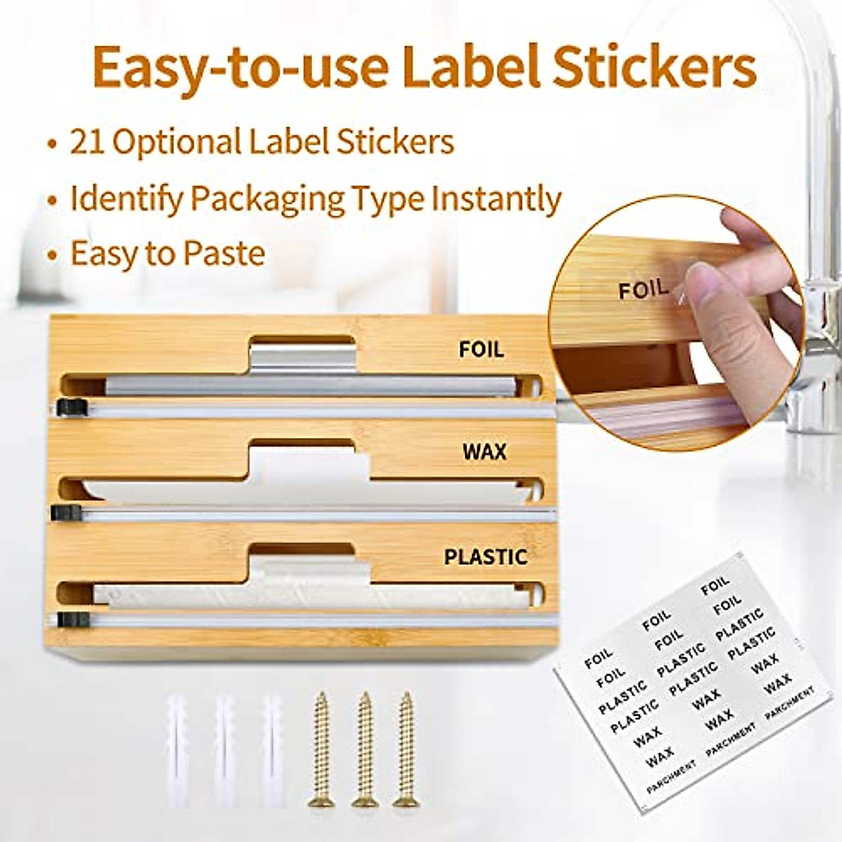 BGFOX 3 in 1 Plastic Wrap Organizer with Cutter and Labels, Natural Bamboo 12" Roll Aluminum Foil and Wax Paper Dispenser for Kitchen Storage Organization Holder