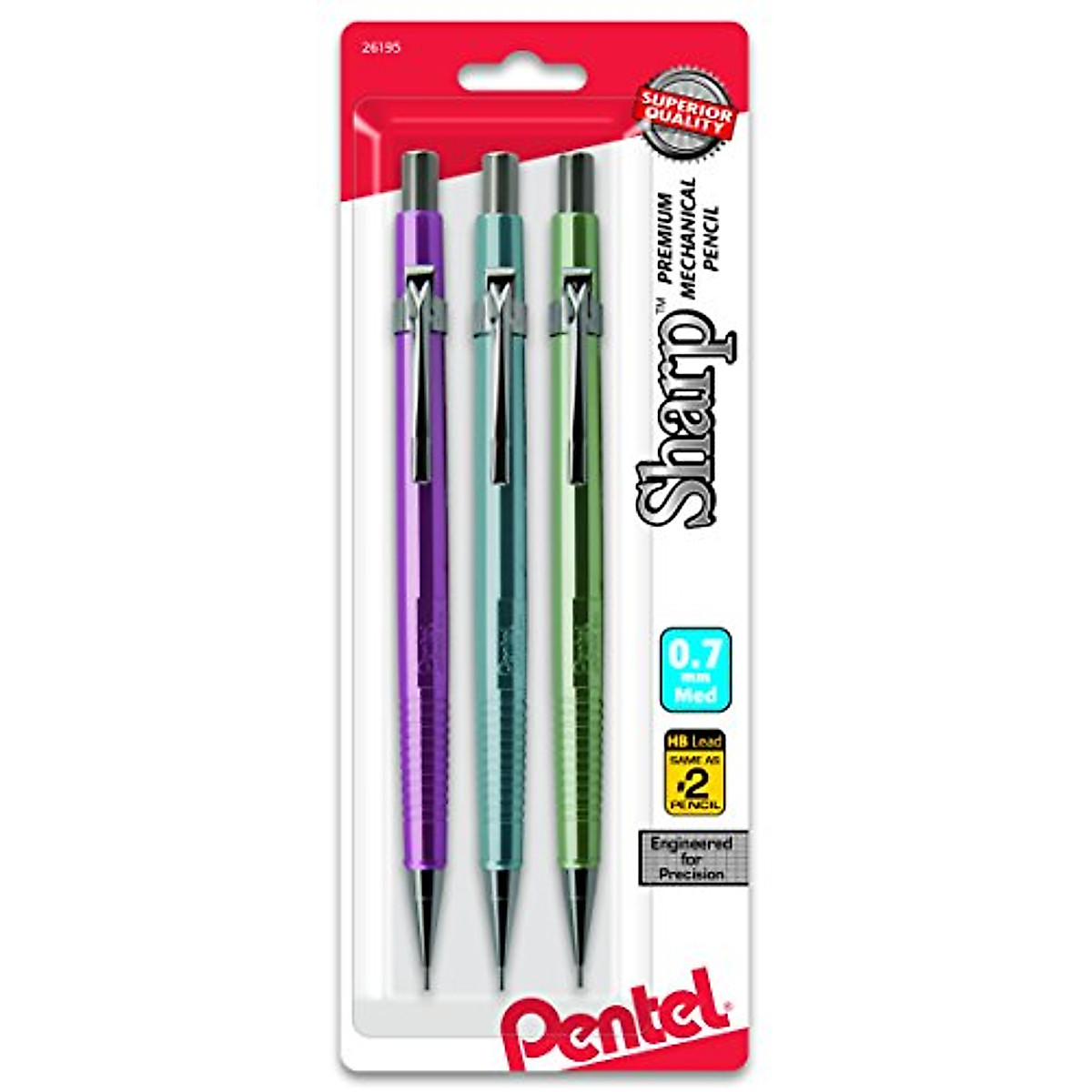 Pentel Sharp Mechanical Pencil (0.7mm) Metallic Barrels, Assorted Colors (MP1/MS/MK1), 3-Pk (P207MBP3M1)
