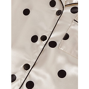 LYANER Women's Polka Dots Silky Satin Pajamas Short Sleeve Top with Shorts Sleepwear PJ Set Beige Small