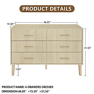 Athuiline 6 Drawers Dresser for Bedroom Chest of Drawers with Wood Legs Modern Wood Storage Cabinet with Metal Handles for Bedroom Living Room Kitchen Hallway Entryway (Khaki)