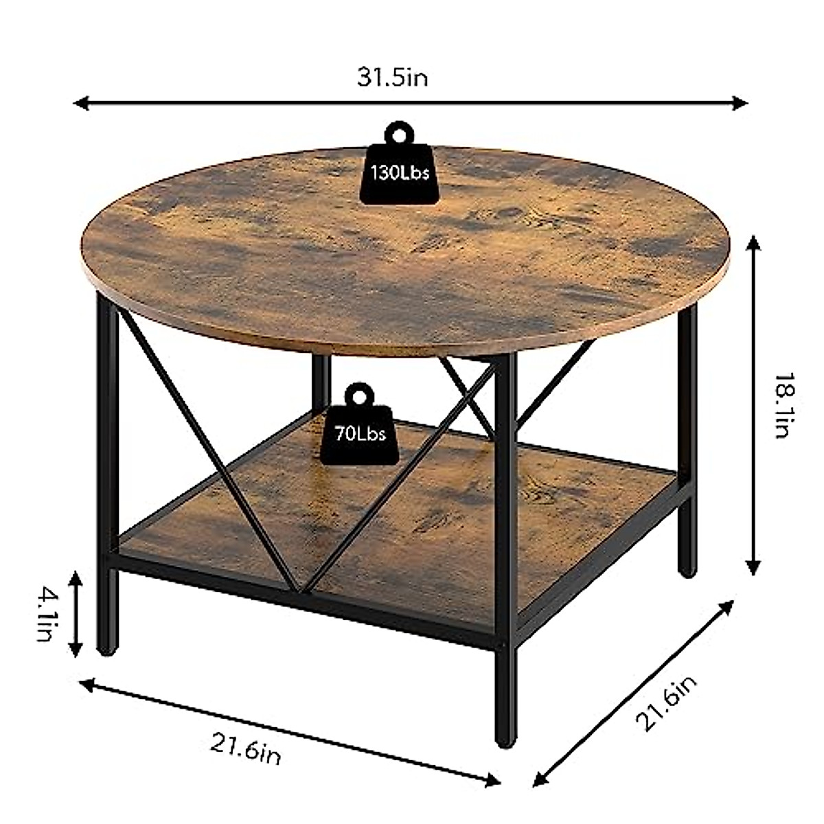 Yusong Round Coffee Table for Living Room, Farmhouse Circle 32 Inch Coffee Tables with Storage Shelf, 2-Tier Modern Center Table Easy to Assemble, Rustic Brown and Black