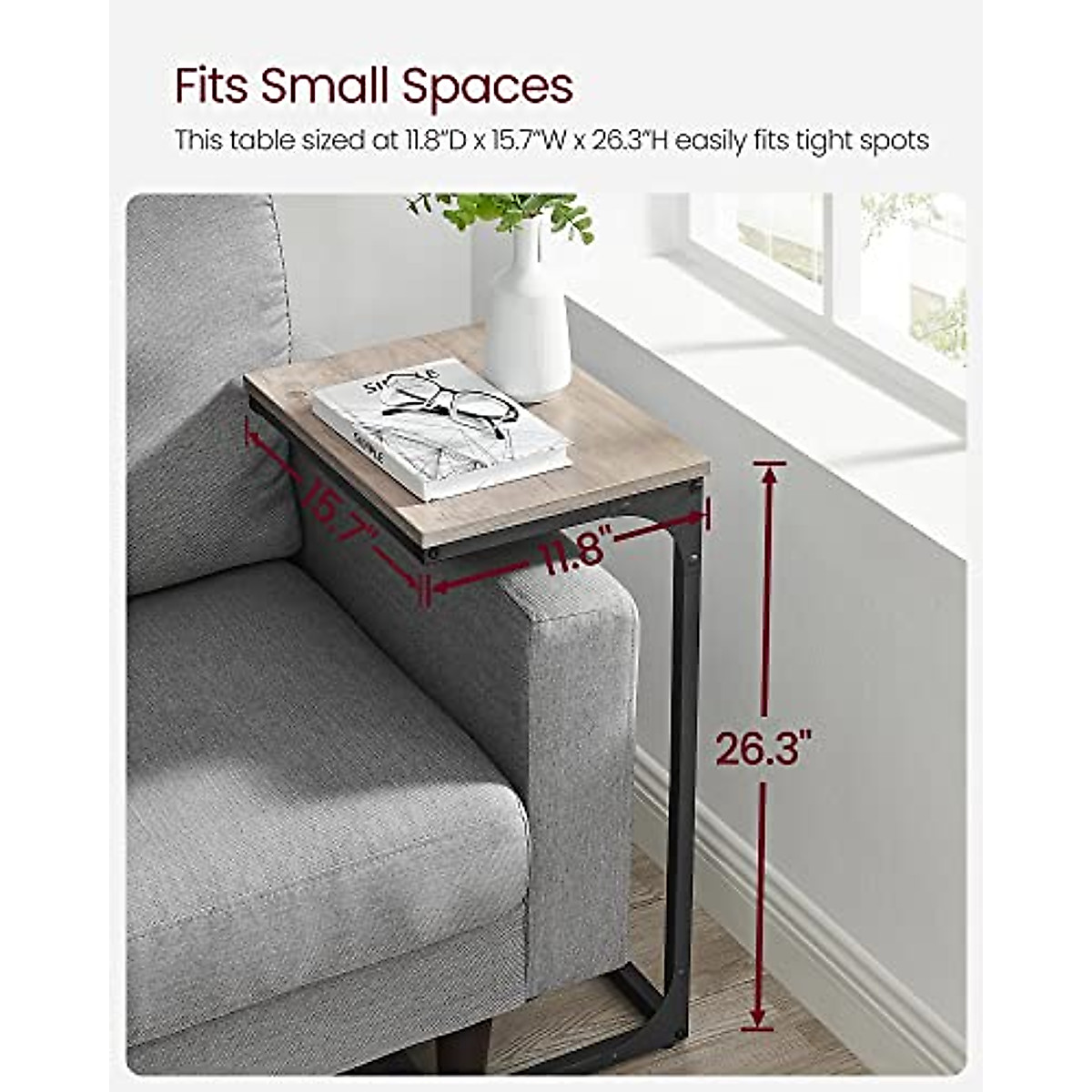 VASAGLE C-Shaped End Table, Side Table for Sofa, Couch Table with Metal Frame, Small TV Tray Table for Living Room, Bedroom, Greige and Black
