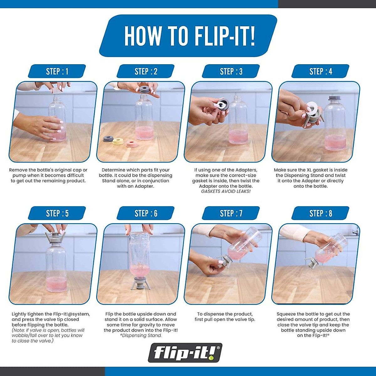 Flip-It! 2-Pack Premium Bottle Emptying Kit – No more wasted product - Fits most plastic bottles – Get out every drop of Shampoos, Lotions, & More – 2 Base Caps, 6 Adapters – Pastel Color Edition