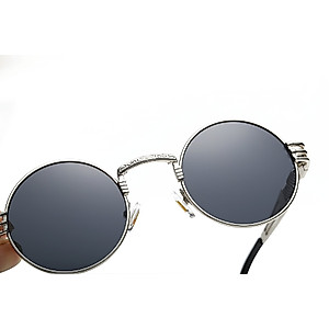 Dollger Round Sunglasses Steampunk Metal Classic Frame Mirror Lens(C1:Black Lens+ Silver Frame)