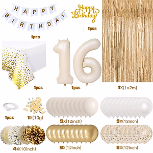 Sweet 16 Birthday Decorations, White and Gold 16th Birthday Decorations for Girls Boy 16th Happy Birthday Banner Tablecloth Fringe Curtain Cake Topper Paper Pom Poms for Girl Boys Sweet 16 Party Decor