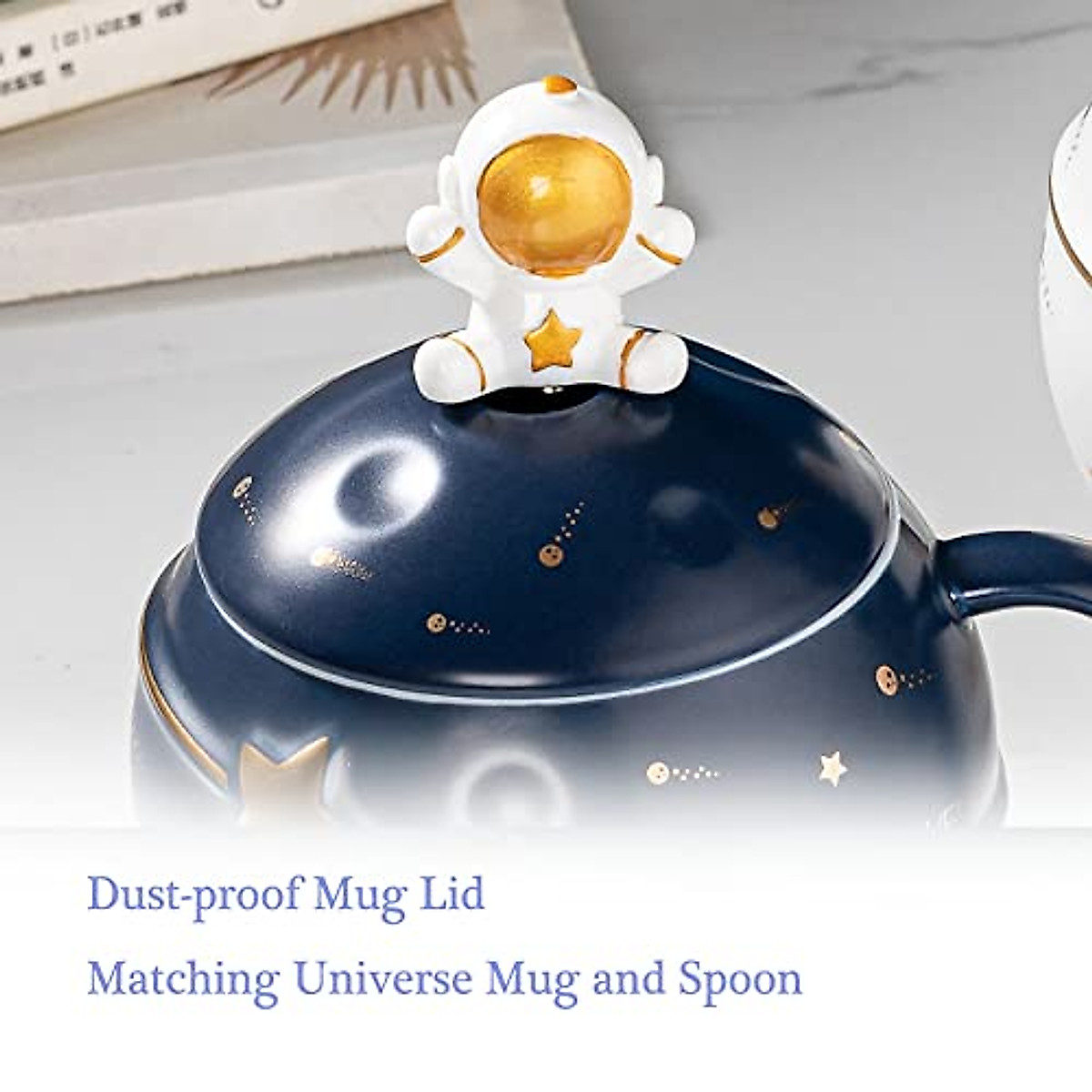 Kawaii Astronaut Cup Space Embossed Planet Mug, Cute Ceramic Coffee Mug, Novelty Mug with Lid and Spoon for Coffee, Tea, Milk, Aesthetic Room Decor Funny Gift Birthday for Girl Boy Women (Dark blue)