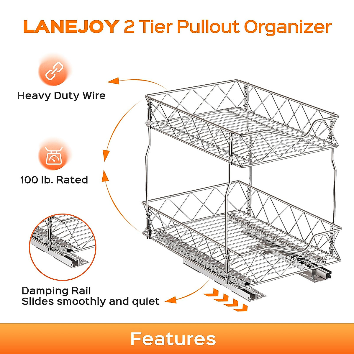 LANEJOY 2 Tier Pull Out Shelf(12 1/8" W x 16 3/8" D), Stainless Steel Slide Out Cabinet Organizer, Heavy Duty Under Sink Organization Storage for Kitchen Base Cabinet Organization