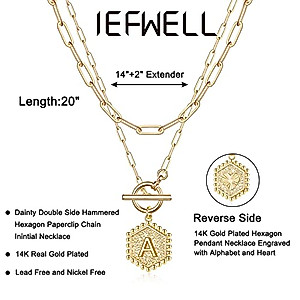 IEFWELL Dainty 14K Gold Plated Paperclip Chain Necklace for Women - Layered Initial Necklace
