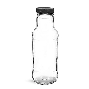10 oz Glass Bottles, Clear Glass Beverage Bottles w/Black Ribbed PE Lined Caps