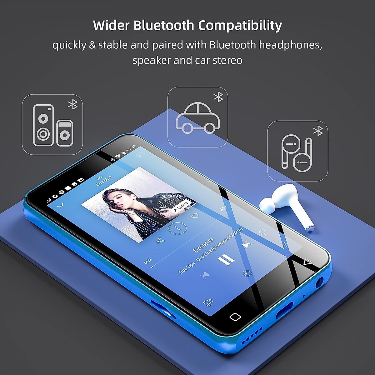 MP3 Player with Bluetooth and WiFi,MP3 Player with Spotify,Spotify Kids,Audible,Pandora,Amazon Music,4" Music Player MP4 Up to 1TB(80GB,Blue_White)