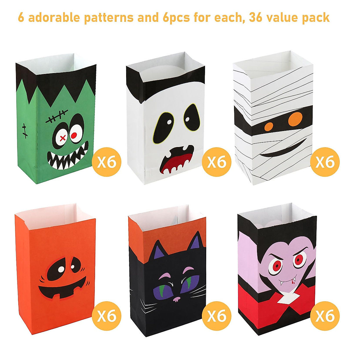 Rulyyo Halloween Goodie Bags with Stickers - 6 Design, 36 PCS Halloween Candy Bags Cute Halloween Treat Bags Halloween Paper Bags Trick or Treat Halloween Bags Halloween Party Favors Decorations
