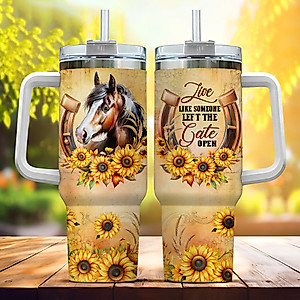 99WHALE Horse Horseshoe Sunflowers, Tumbler 40 Oz With Handle Lid And Straw, Horse Gifts, Yellow Women For Coffee Horses Handle Music Tumblers Cups Lovers Sunflower