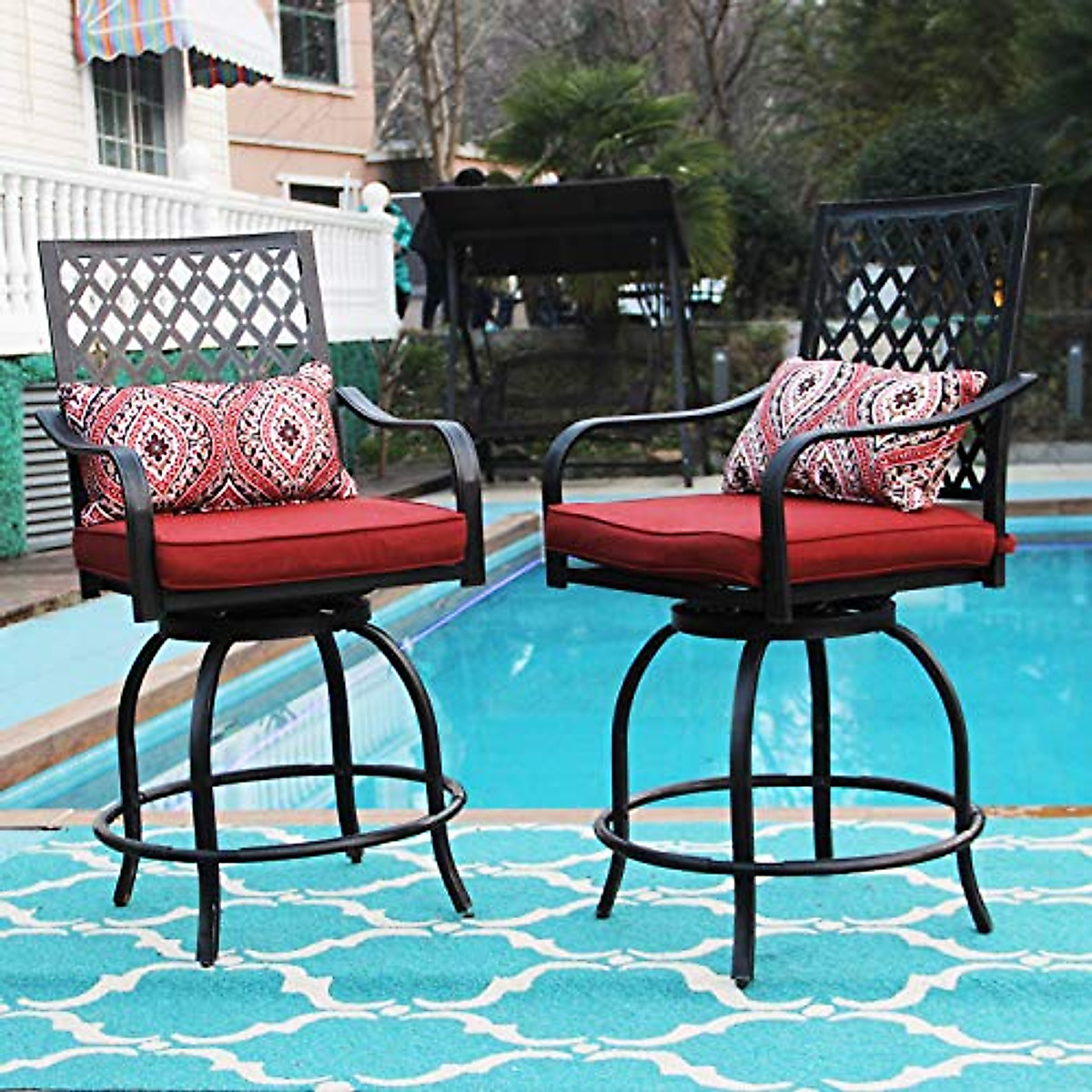 PHI VILLA Patio Bar Set, 3 pcs Outdoor Metal Bar Set with 2 Swivel Cushioned Stools & 31" Square Patio Bar Table with Umbrella Hole, Outdoor Furniture Set for Patios Backyard, Porches or Garden