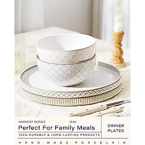 getstar 10.5” Ceramic Dinner Plates, Set of 4, Microwave & Dishwasher Safe, Salad Pasta Deep Plates with Embossments Set of 4