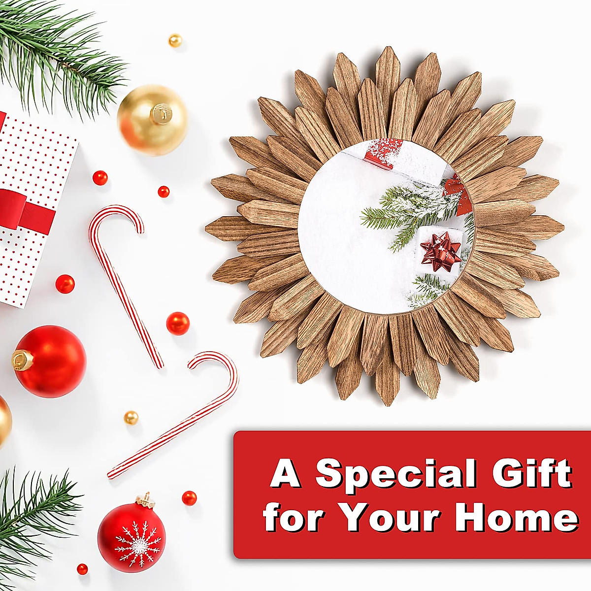 Emfogo Wall Mirror 12 inch Rustic Wood Farmhouse Mirror Sunburst Boho Mirror Wall Decor Room Decor Home Decor for Bedroom Living Room Entryway (Carbonized Black)