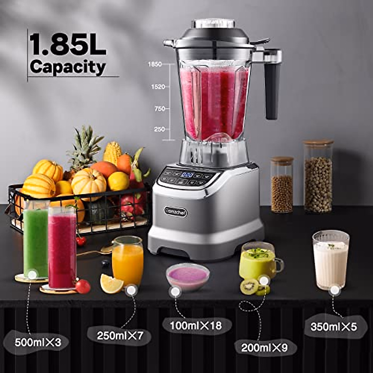 AMZCHEF Smoothie Countertop Blender, 1800 W Professional Blender for Kitchen with 600ml Travel bottle, High-Speed Blender for Shakes, Smoothies, Ice Crushing, Frozen Fruits(Update)