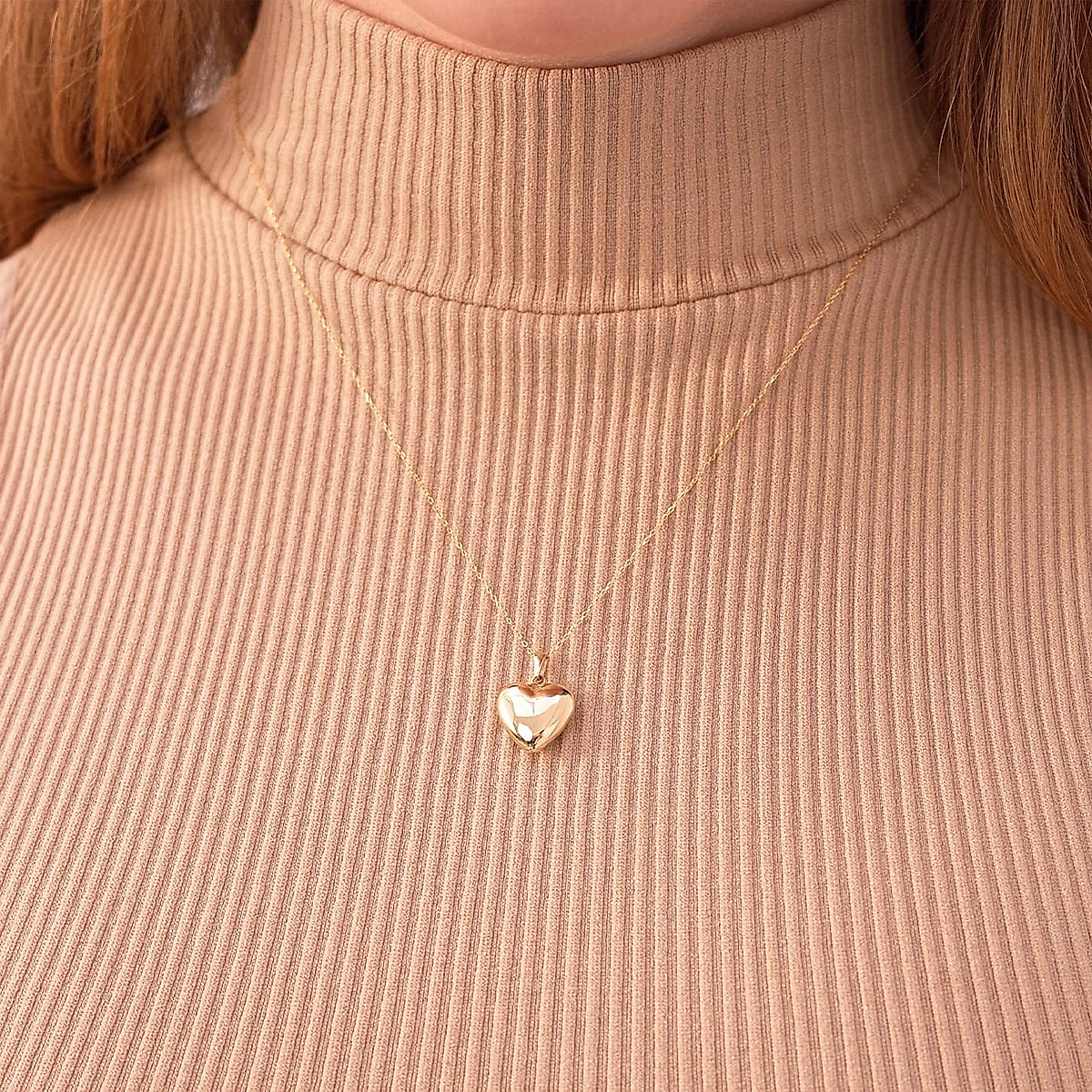 14k Real Gold Heart Necklace for Women | Puff Heart Necklaces in 14k Gold | Puffed Heart Pendant Necklace | Delicate Love Jewelry | Gifts for Birthday, 18"