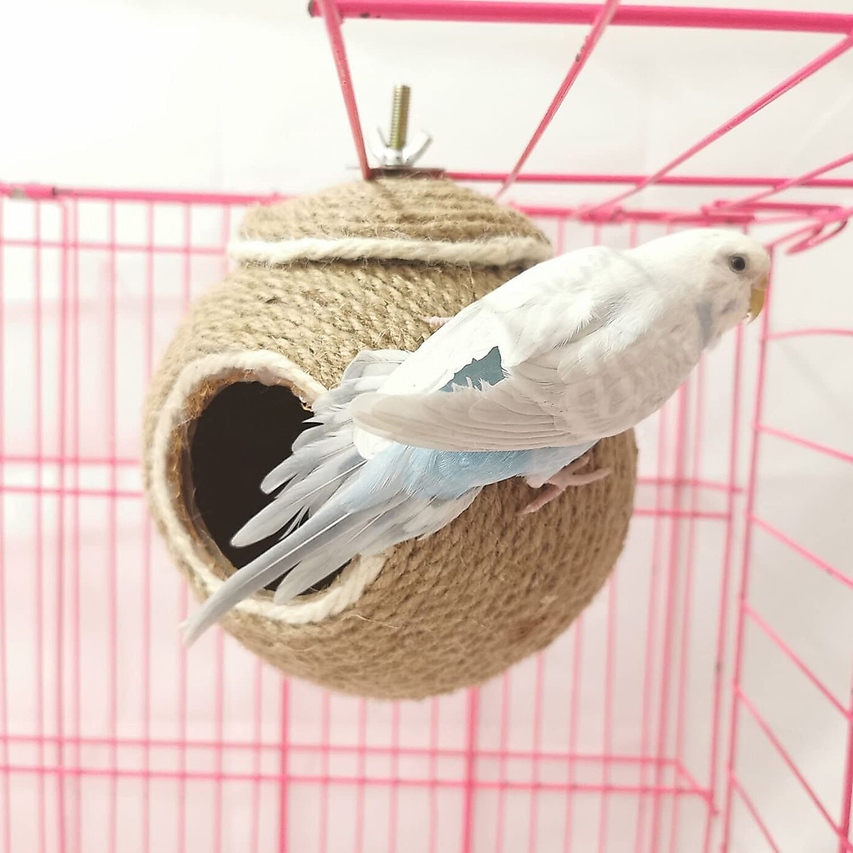 WCDJOMOP Sugar Glider House Natural Coconut Shell Hemp Rope Hut Hide Out Nest for Sugar Glider Hamster Squirrel Bird Parakeet,Cage Habitats Decor, Bird Cage Toy (Screw Fixed)