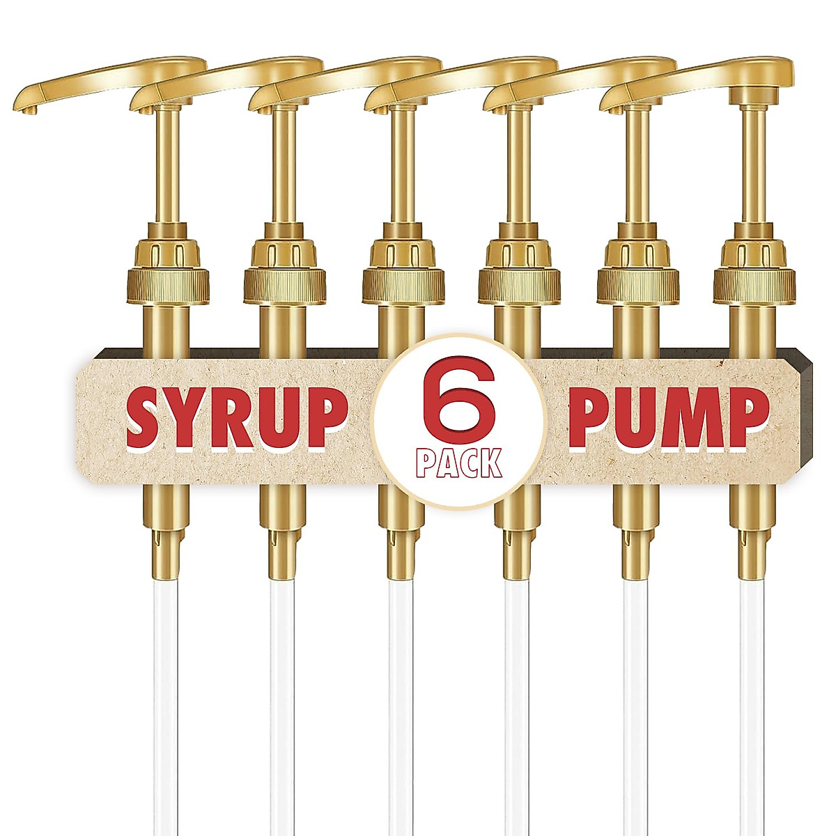 Coffee Syrup Pump Dispenser, 6 Pack Syrup Pump for 750ml/25.4 oz Syrup Bottle, Gold Pumps for Coffee Syrup Bottle, works with Torani, DaVinci, Jordans Skinny 750ml Syrups Bottles (Gold)