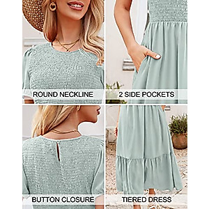 Annebouti 2023 Women's Summer Puff Short Sleeve Dress Modest Flowy A Line Ruffle Tiered Long Casual Smocked Maxi Dress with Pockets Solid Light Green S