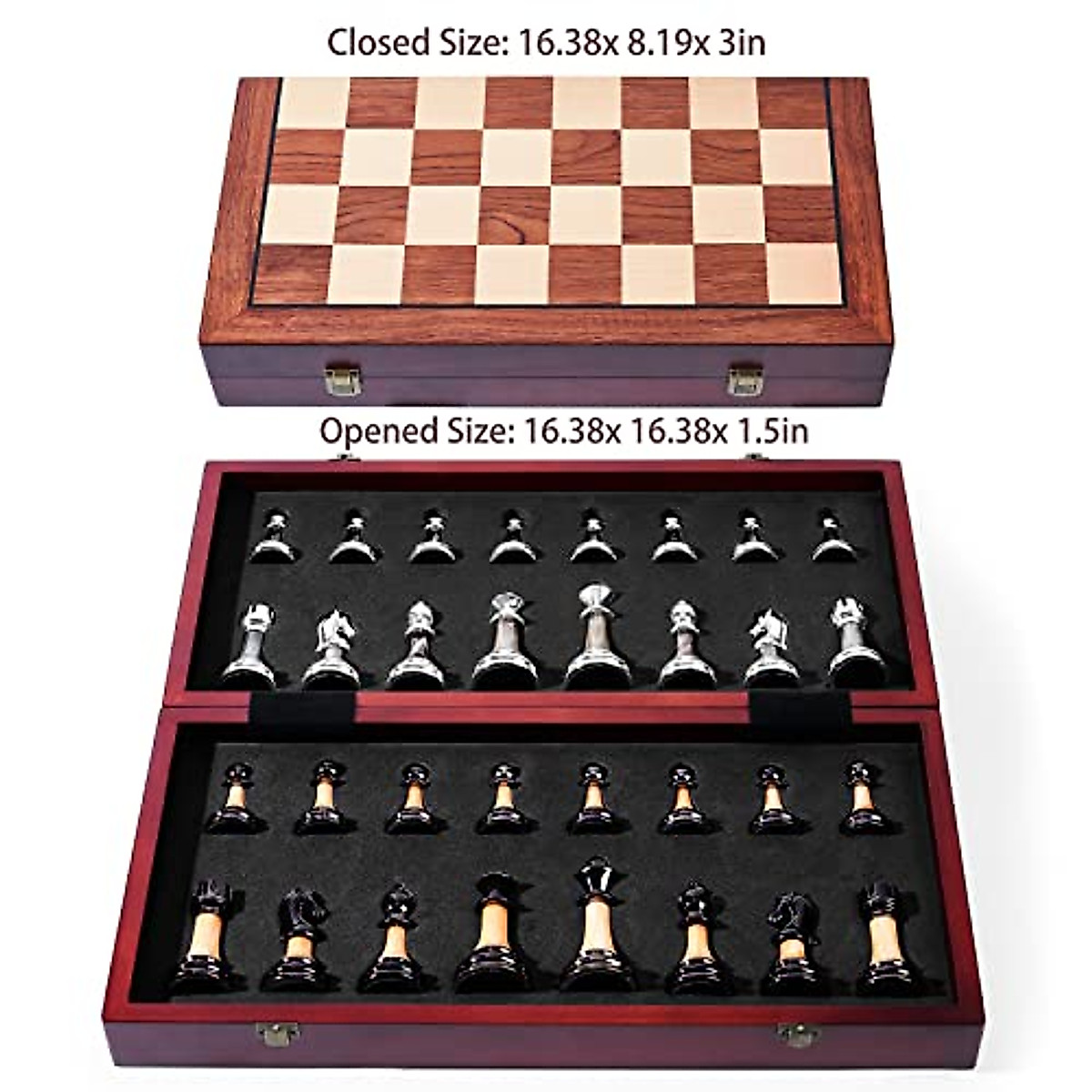 VAMSLOVE Chess Set Large 16''/42cm Folding Wooden Board with Deluxe Weighted Acrylic Chess Pieces - 3.5" King with Storage Slots for Adults House Warming Retirement Gift