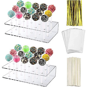 2 Packs Acrylic Lollipop Holder Acrylic Cake Pop Stand Display Cake Pop Holder 100PCS Lollipop Sticks 100PCS Clear Treats Bags and 100PCS Gold Metallic Twist Ties for Candy Cake Pop Making Tools