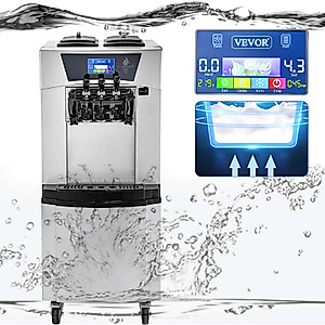 VEVOR 2300W Commercial Soft Ice Cream Machine, 3 Flavors Soft Serve Maker, 4.4 to 6.6 Gallons per Hour, Pre-Cooling at Night, Auto Clean with LCD Panel, for Restaurants Snack Bar, Stainless Steel