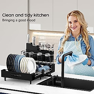 ROTTOGOON Expandable Dish Drying Rack, Stainless Steel Rustproof Dish Rack for Kitchen Counter, (12.8"-19.1") Dish Drainer with Drainage, Utensil Holder, Cup Holder for Various Kitchenware, Black