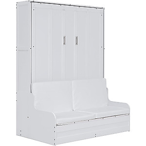 MERITLINE Queen Murphy Bed with Sofa,Wood Murphy Bed Cabinet with Couch,Folding Murphy Wall Bed Queen Size (White)
