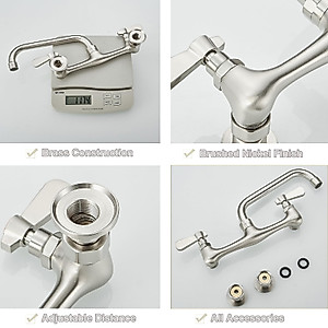 Homevacious Wall Mount Kitchen Faucet 8" Center Commercial Faucet,Brushed Nickel Two Handle Utility Sink Faucets,8 Inches 360 Degree Swivel Spout Brass Industrial Mixer Tap for Laundry Room Restaurant