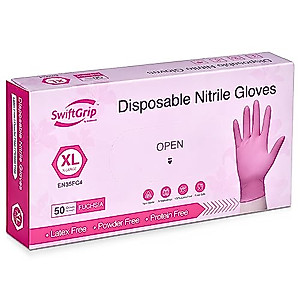 SwiftGrip Powder-Free Nitrile Gloves, Medium, 50ct Box - 3-mil, Disposable, Latex-Free, for Kitchen, Cleaning, Estheticians, Hair Stylist - Pink/Fuchsia