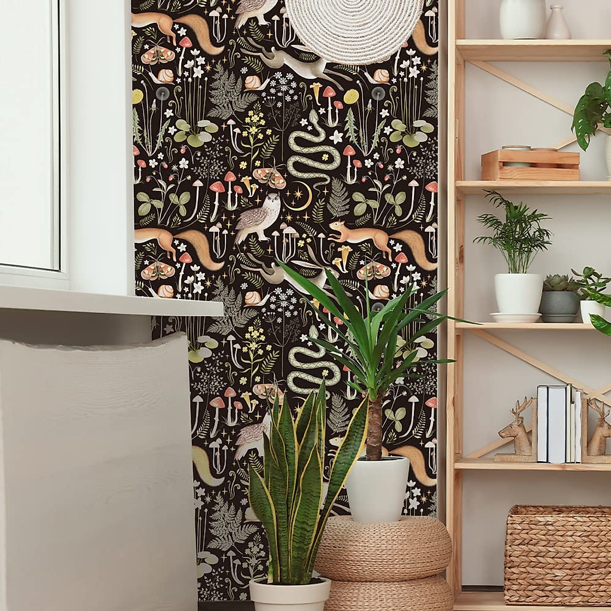 MAGAFA Peel and Stick Wallpaper - Fairytale Forest Moon and Stars - Owls, Snakes - Green, Red, Yellow, Brown, White - Matte - Waterproof - Reusable - 17.71" x 118.1" - Wall Art