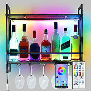 RGB IC LED Wine Racks Wall Mounted, Remote Control and 5 Stem Wine Glass Holders, 23.6 in Industrial Metal Hanging Wine Rack, Rustic Bottle Holder Glass Rack, 2-Tiers Bar Shelves for Home, Dining Room
